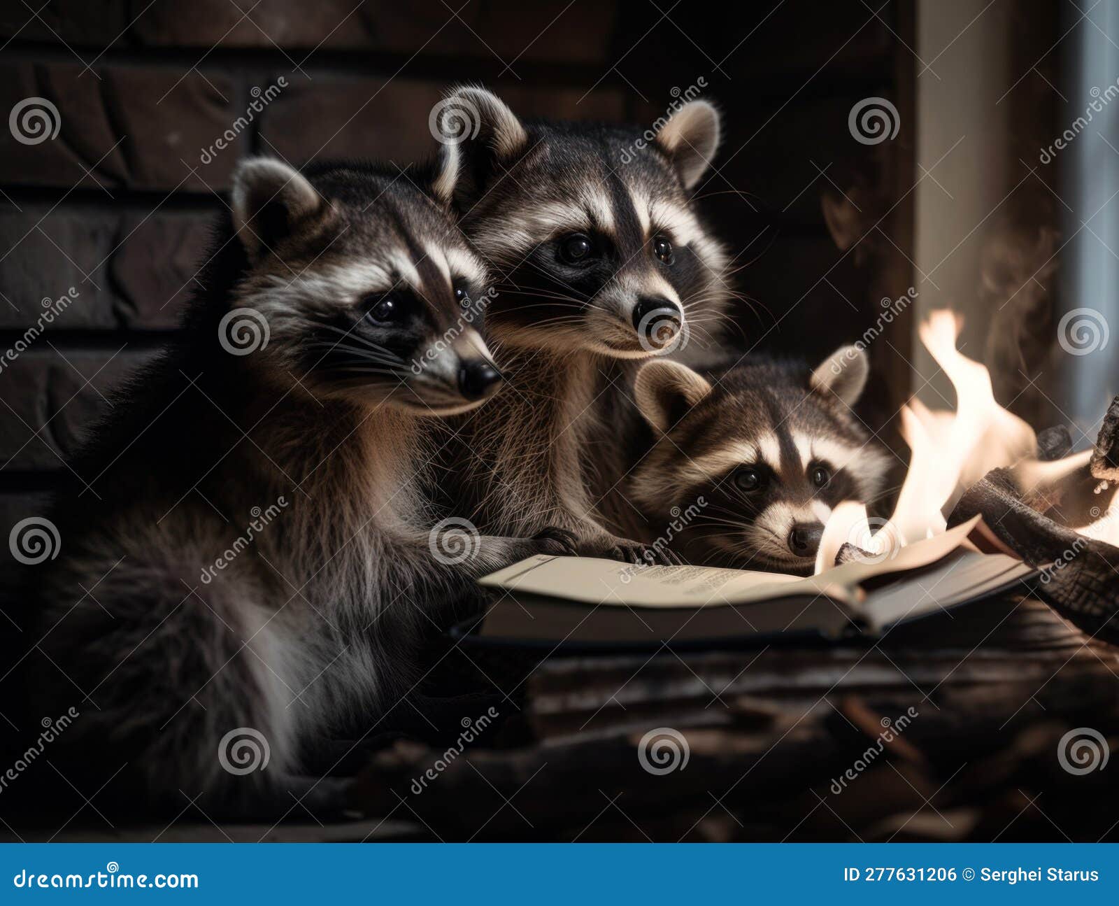 A Group of Raccoons-pyromaniacs Setting a Book on Fire. Generative AI ...