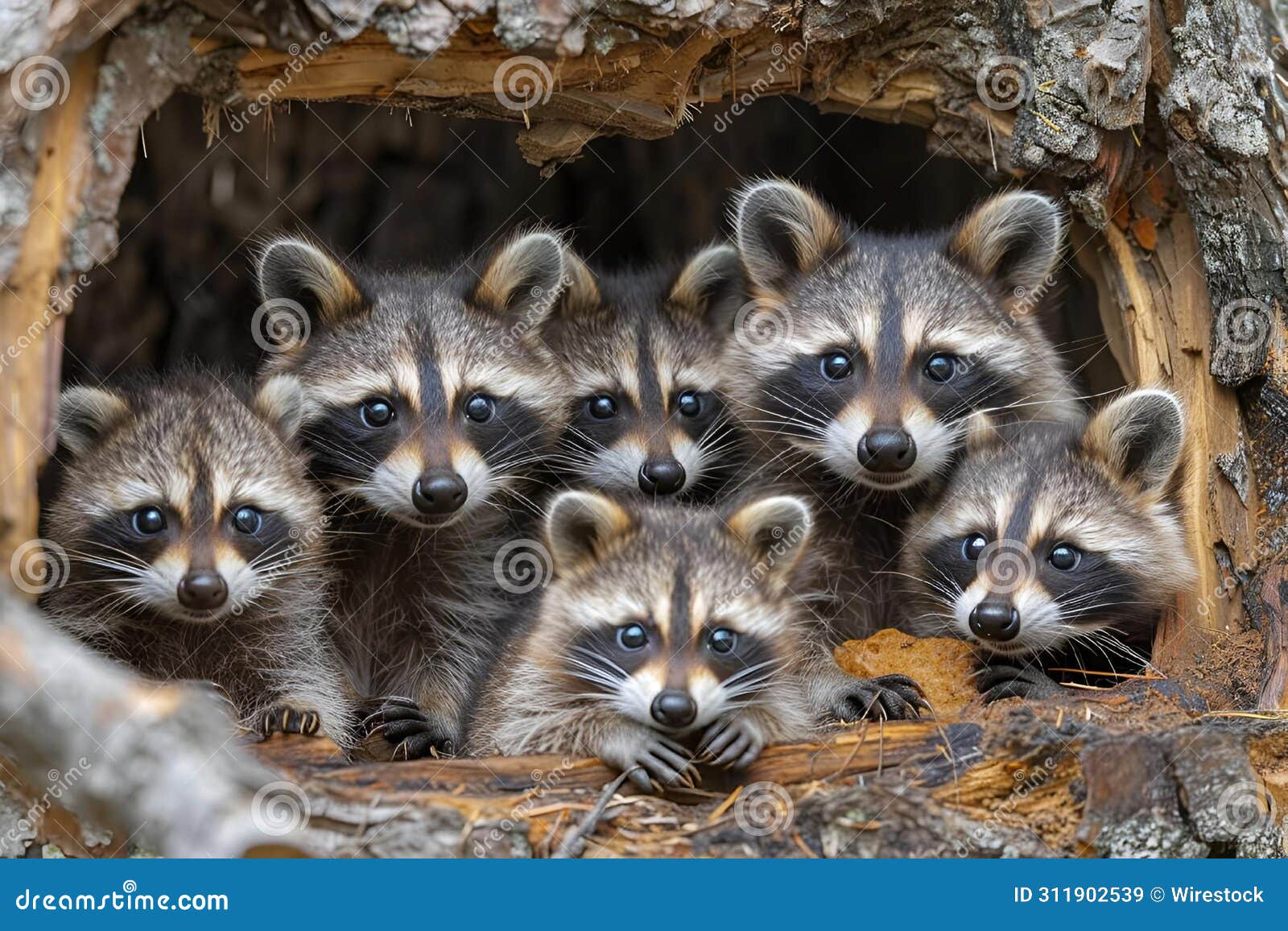 A Group of Raccoons Sit Inside a Hollow, Looking at the Camera Stock ...
