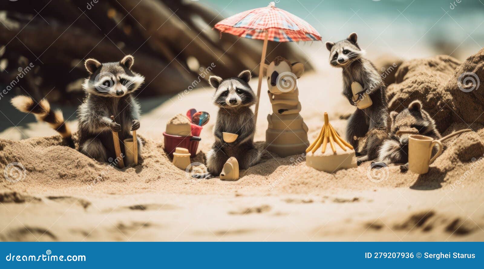 A Group of Raccoons Sitting on Top of a Sandy Beach. Generative AI ...