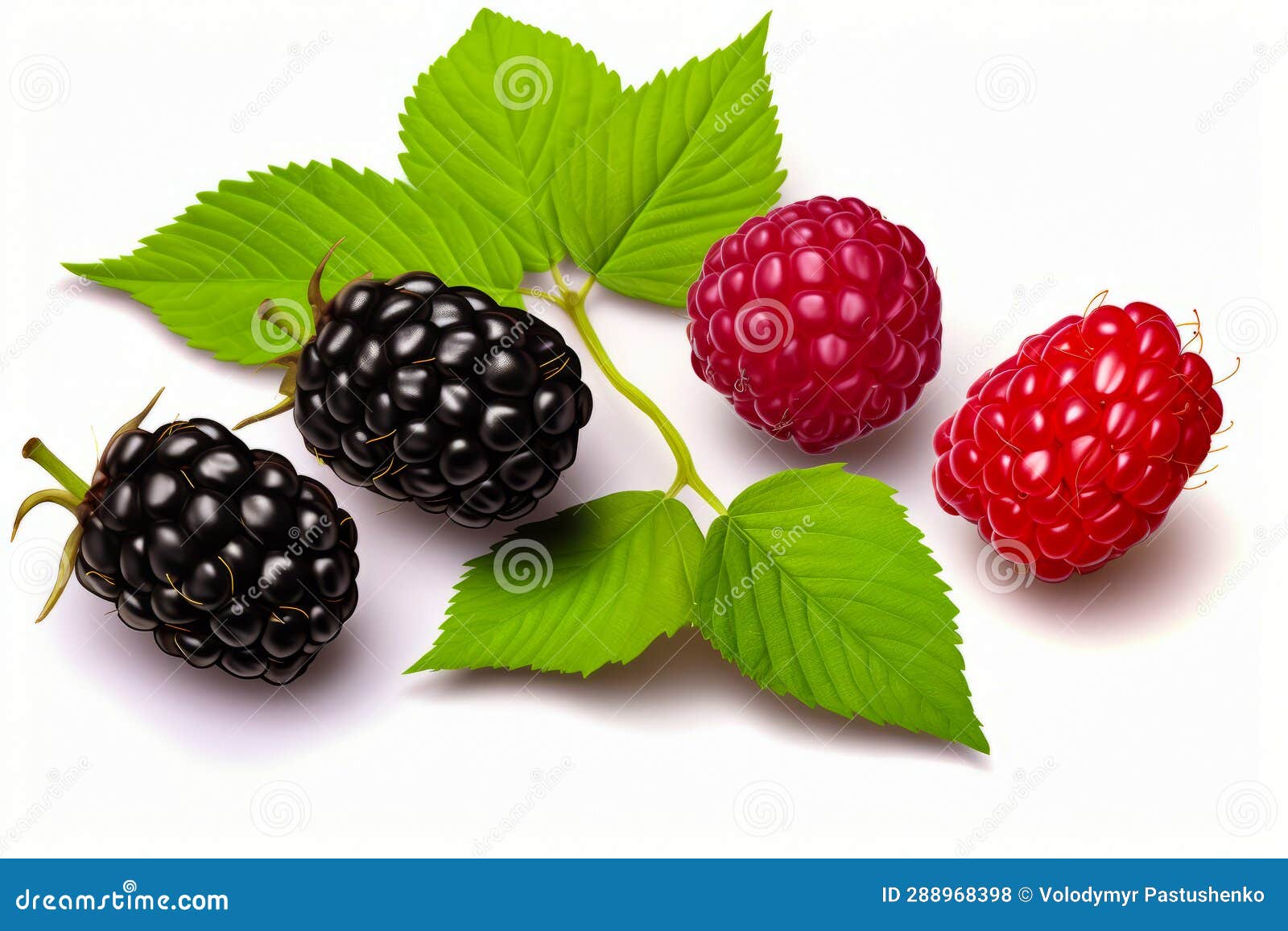 Group of Raspberries and Blackberry with Leaves on White Background ...
