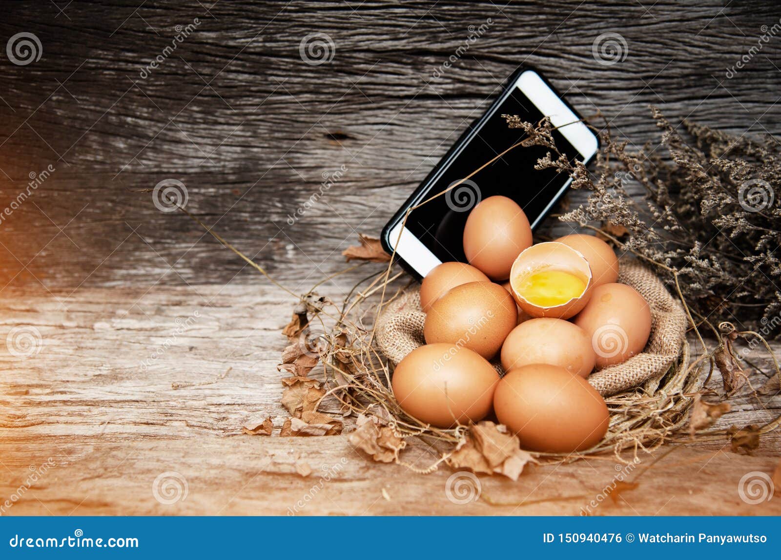 Group of Raw Eggs Put in Front of Moblie Phone,on Wooden Timber Board ...