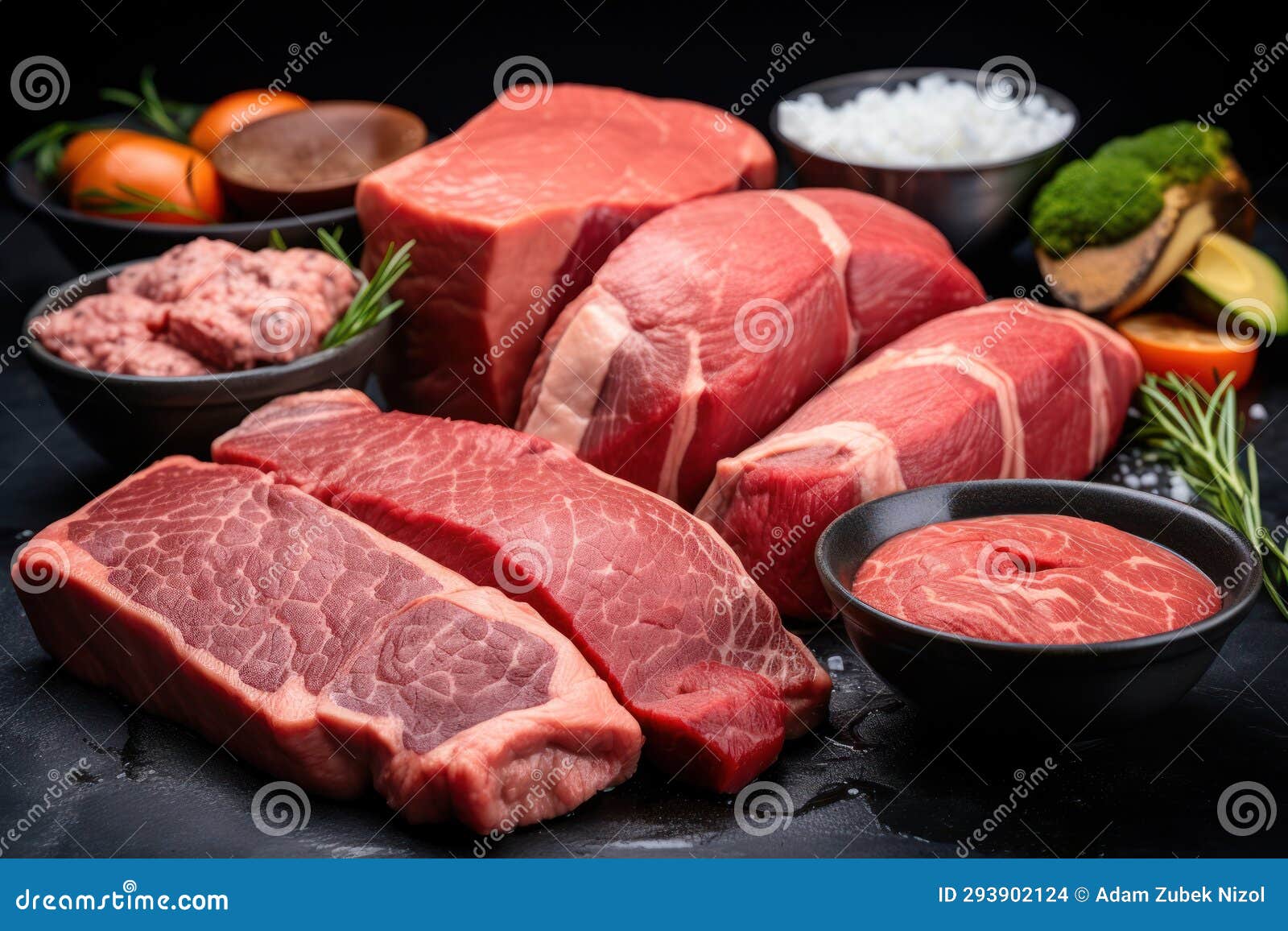 A group of raw meats stock illustration. Illustration of steak - 293902124