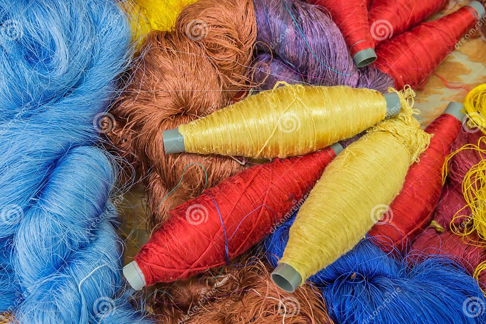 Group of Raw Silk Thread and Messaline Stock Photo - Image of cord ...