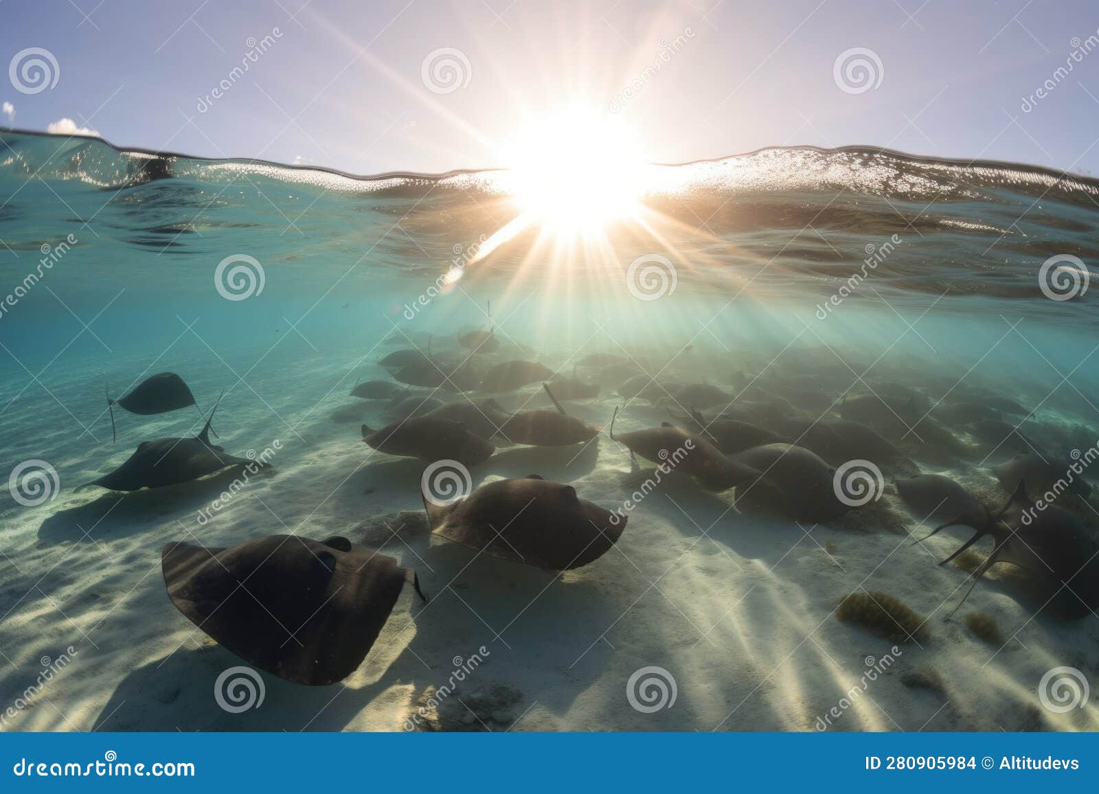 Group of Rays Swimming in the Open Water, with the Sun Shining Down ...