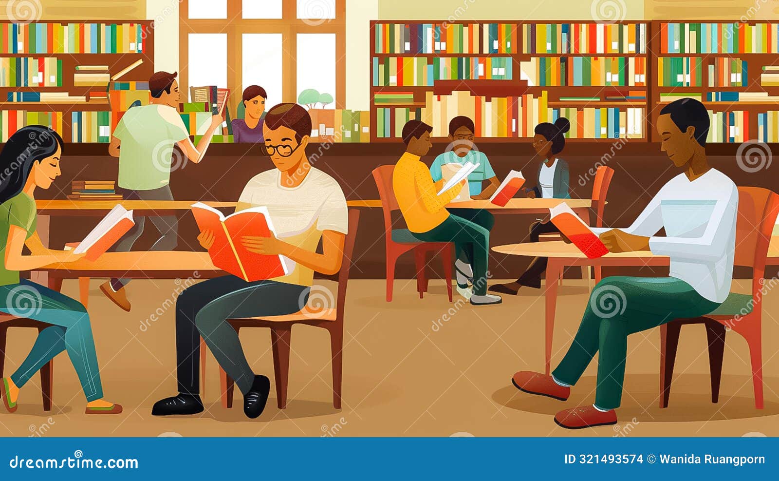 Group Reading at Library a Diverse Group of People Stock Illustration ...