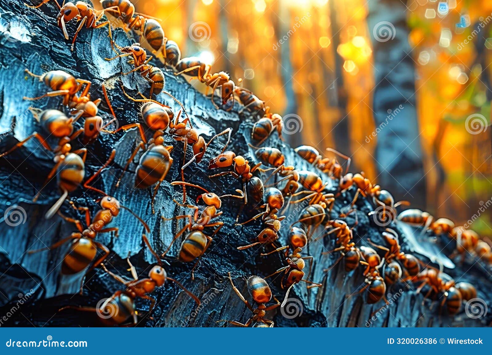 Group of Red Ants Migrating on a Wooden Log, AI-generated. Stock ...