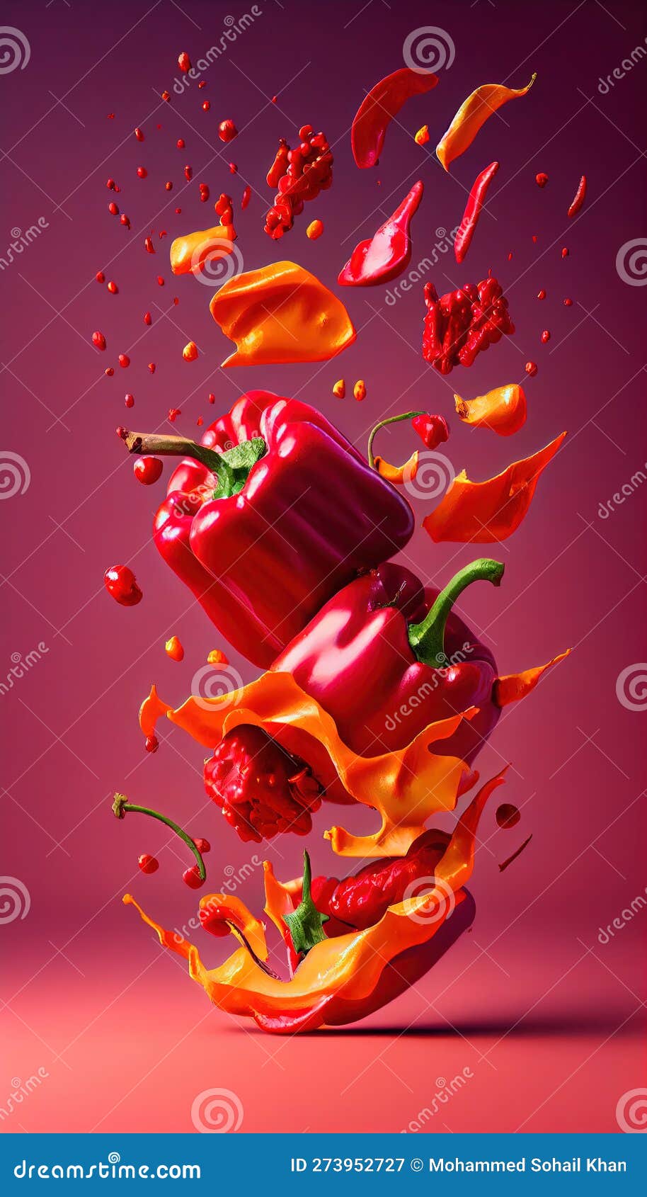 Group of Red Bell Peppers Vegetable Creatively Falling-Dripping Flying ...