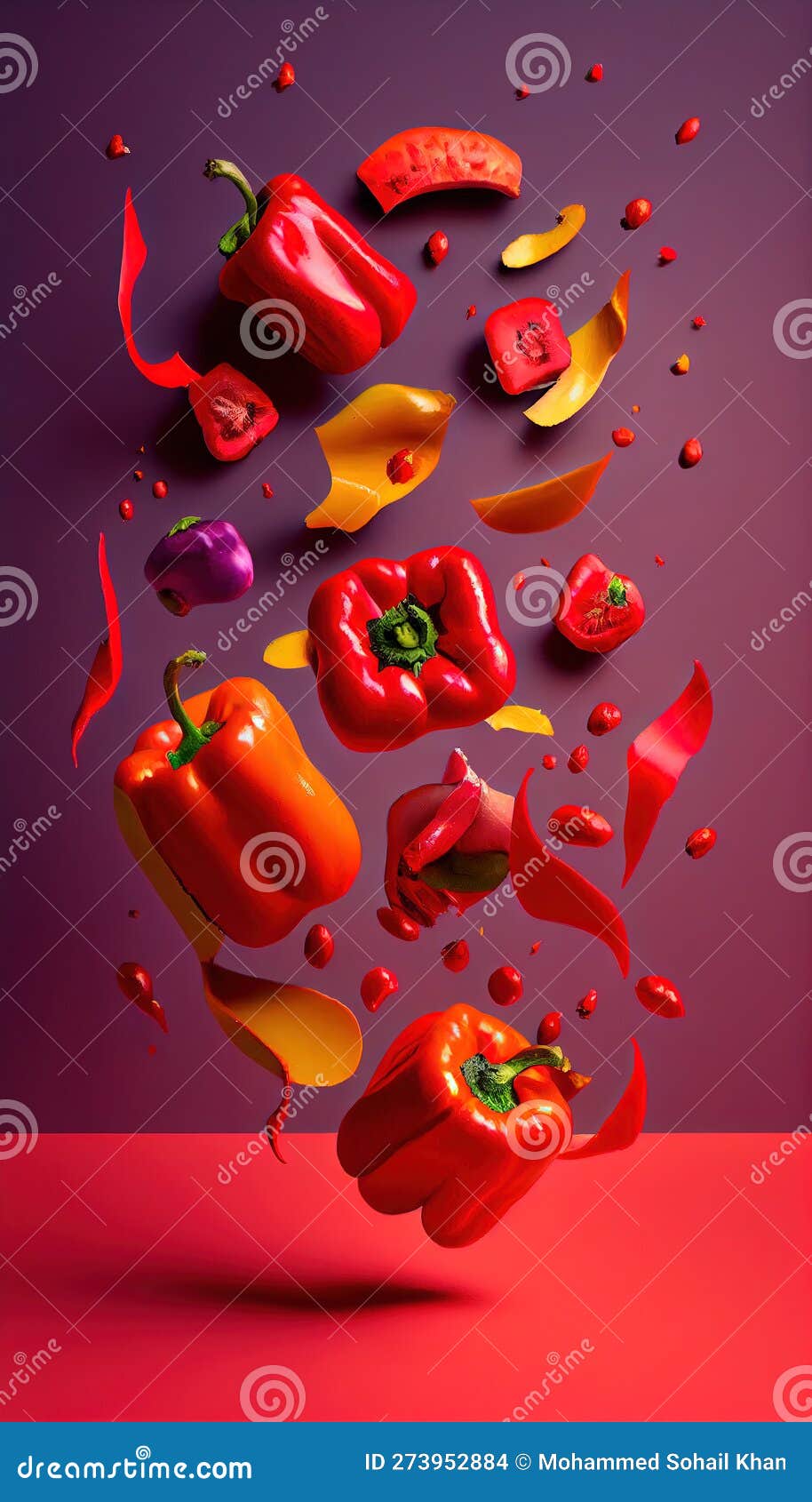 Group of Red Bell Peppers Vegetable Creatively Falling-Dripping Flying ...