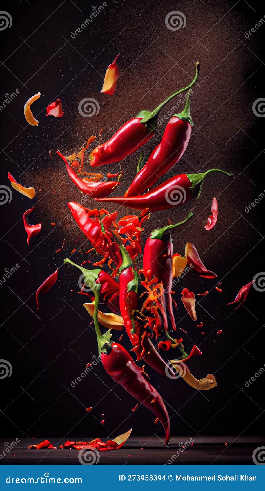 Group of Red Chillies Vegetable Creatively Falling-Dripping Flying or ...