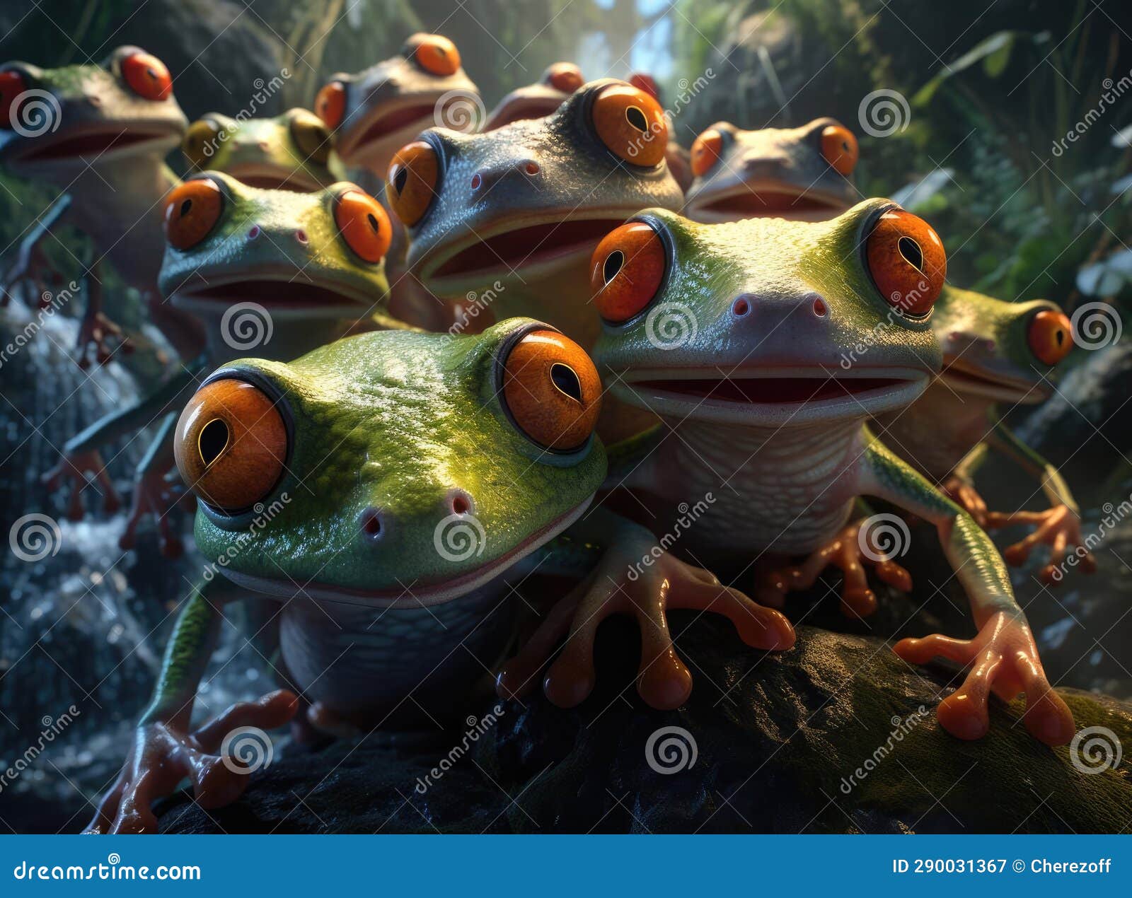 A group of red-eyed frogs stock image. Image of rain - 290031367