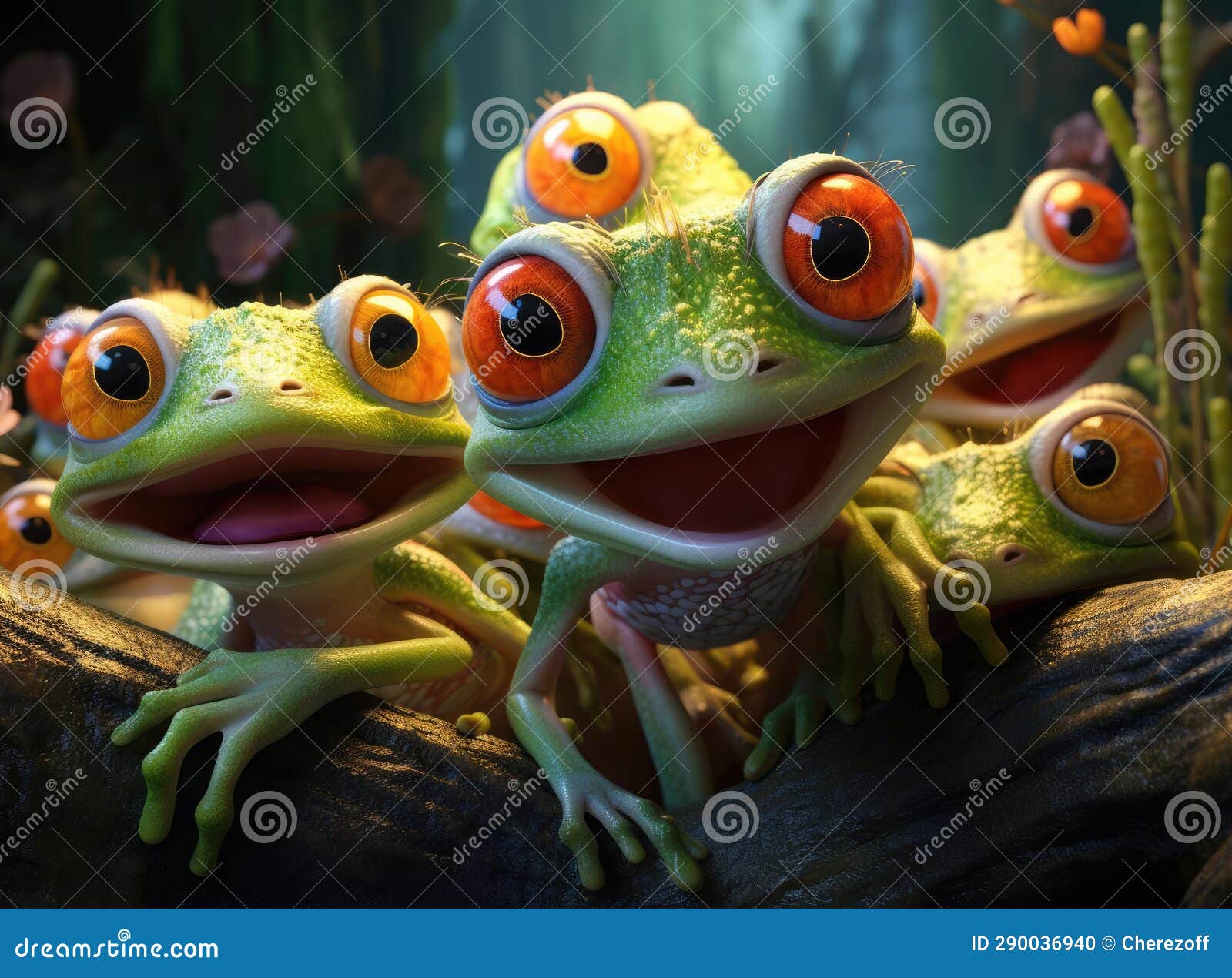 A group of red-eyed frogs stock photo. Image of cartoon - 290036940
