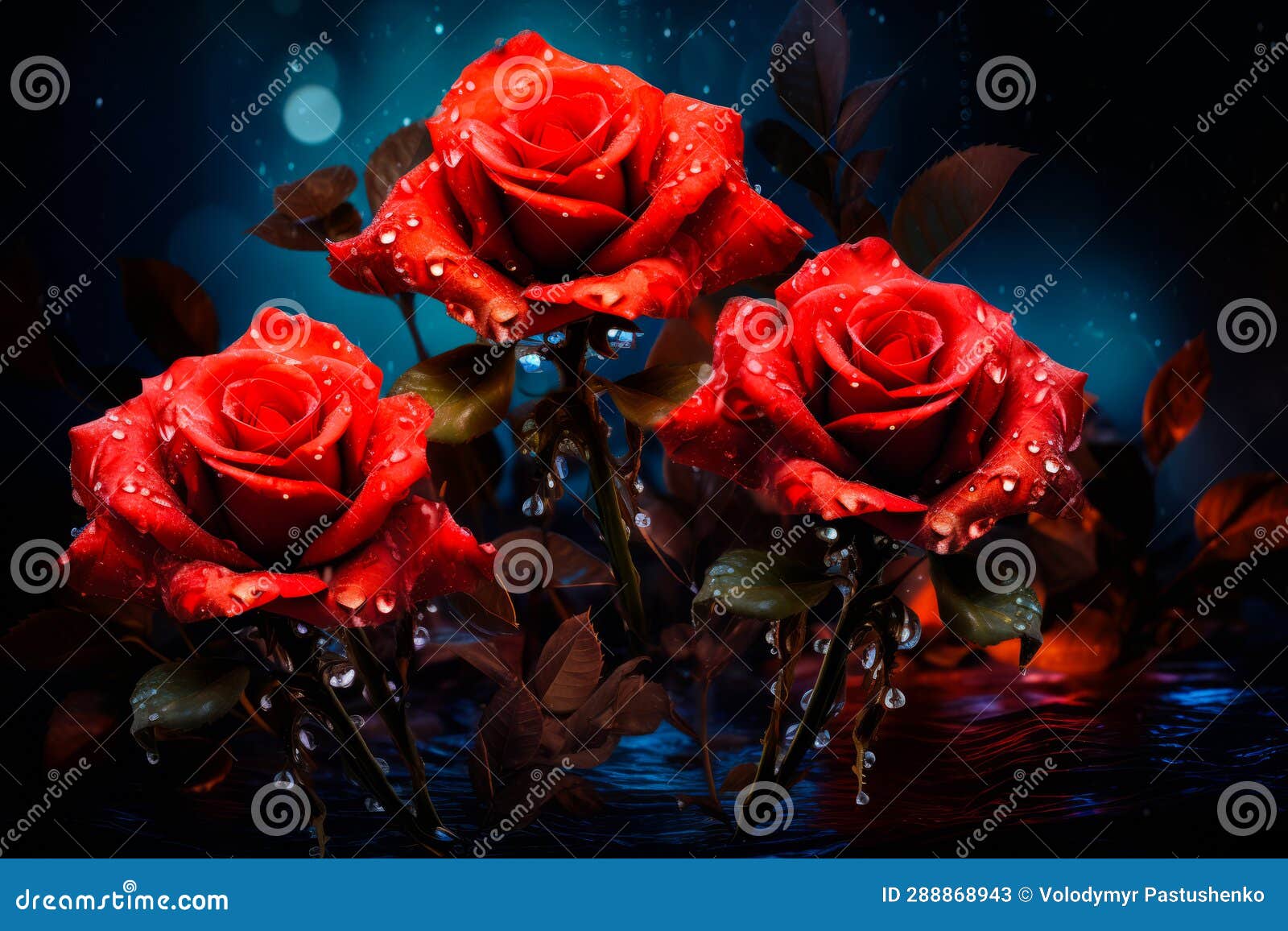 Group of Red Roses with Water Droplets on Them on Dark Background ...