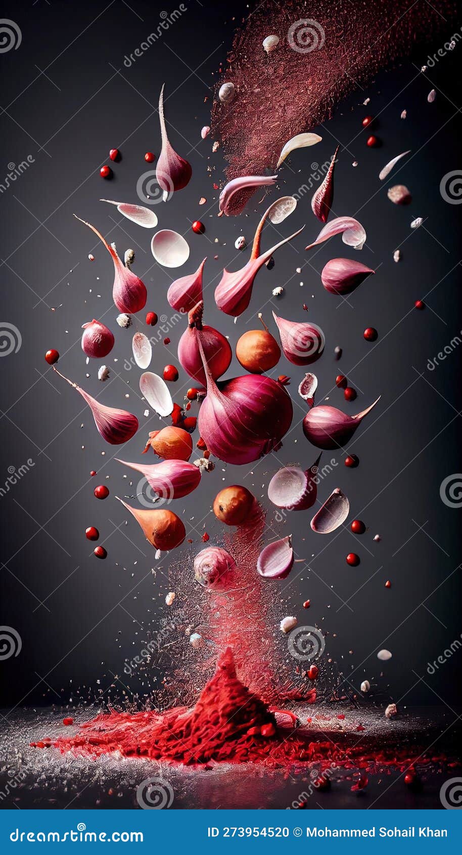 Group of Red Shallot Vegetable Creatively Falling-Dripping Flying or ...
