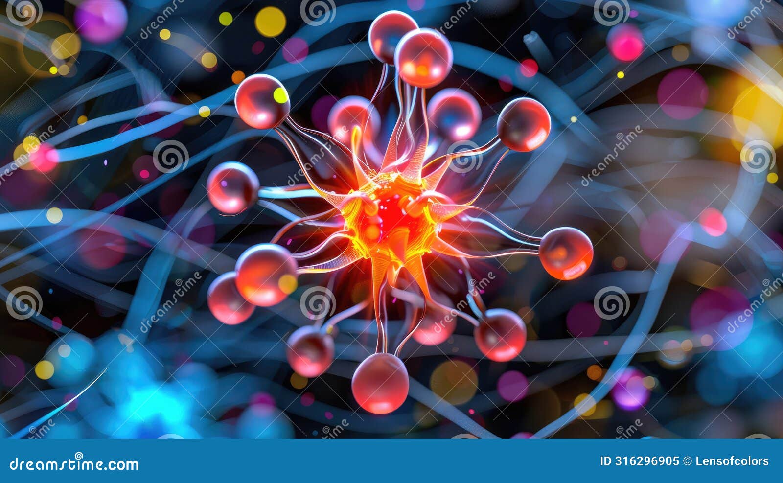 A Group of Red Spheres Float in the Air. Microscopic Image of a ...