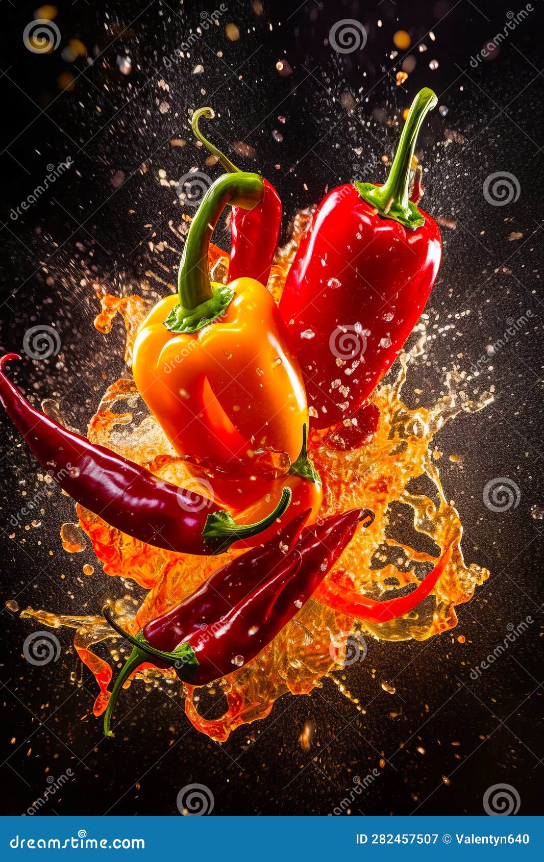 Group of Red and Yellow Peppers Splashing into Puddle of Water ...