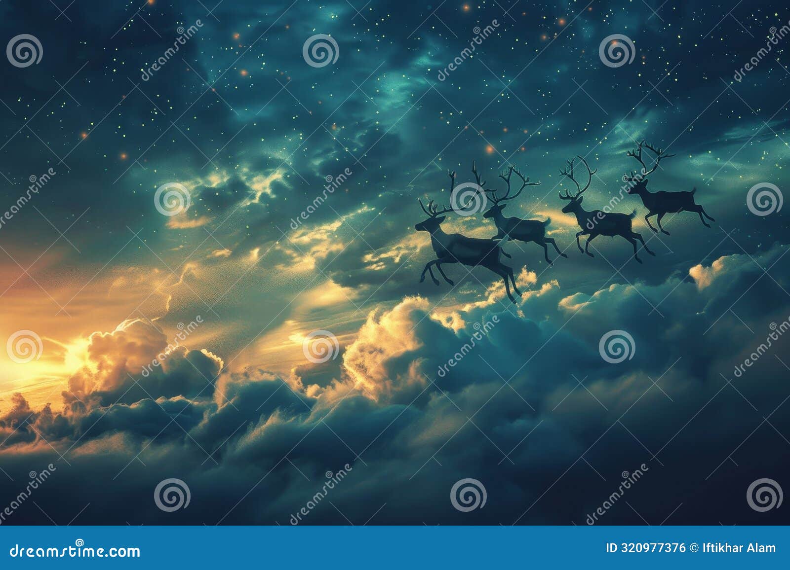 A Group of Reindeers Soaring through a Cloudy Sky, Magical Scene of ...