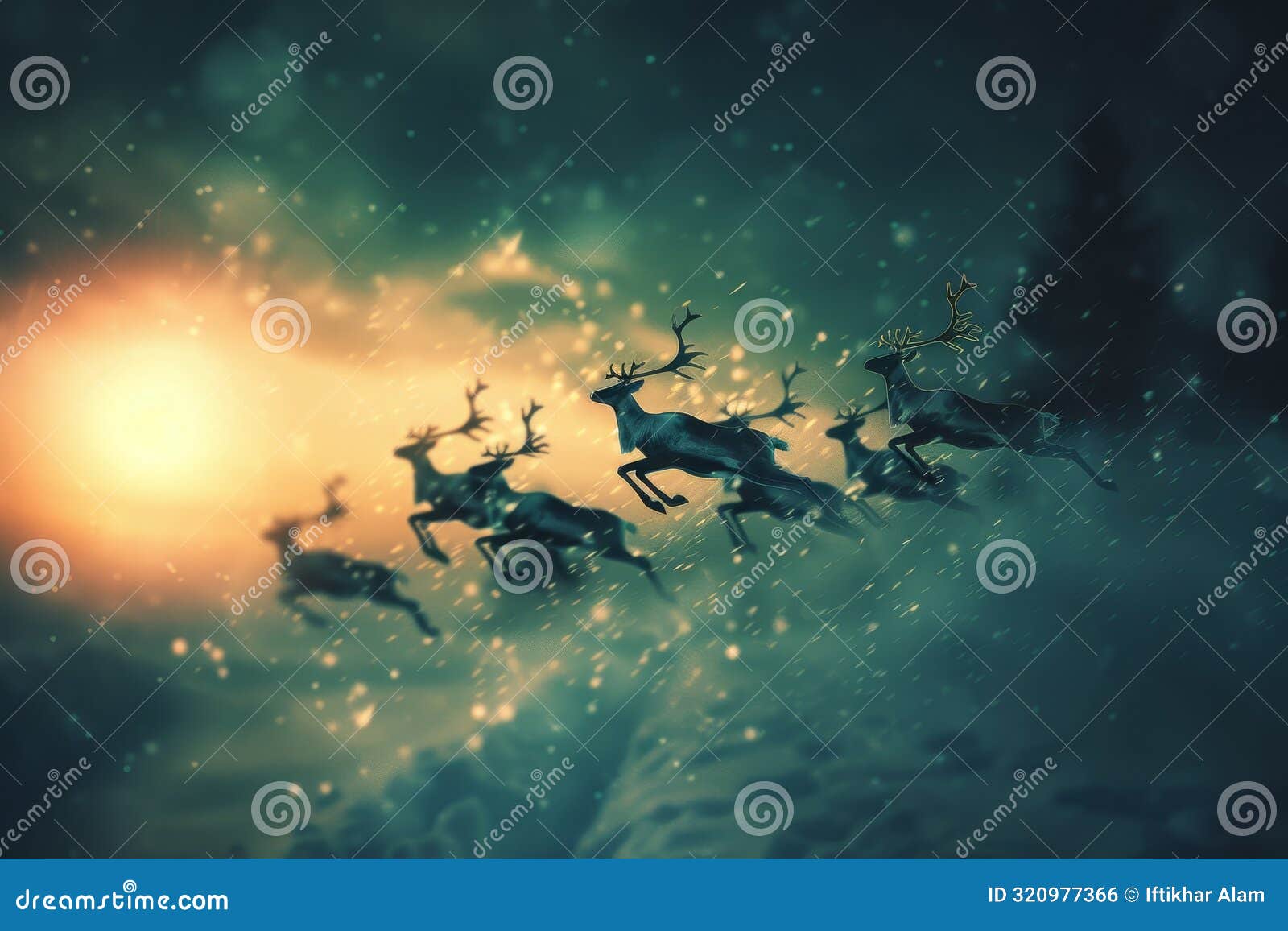 A Group of Reindeers Soaring through the Sky in a Magical Scene ...