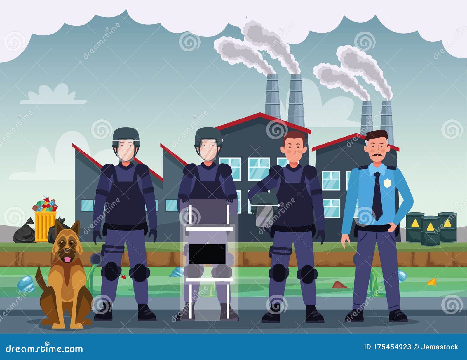 Group Of Riot Polices With Uniforms Characters Cartoon Vector ...