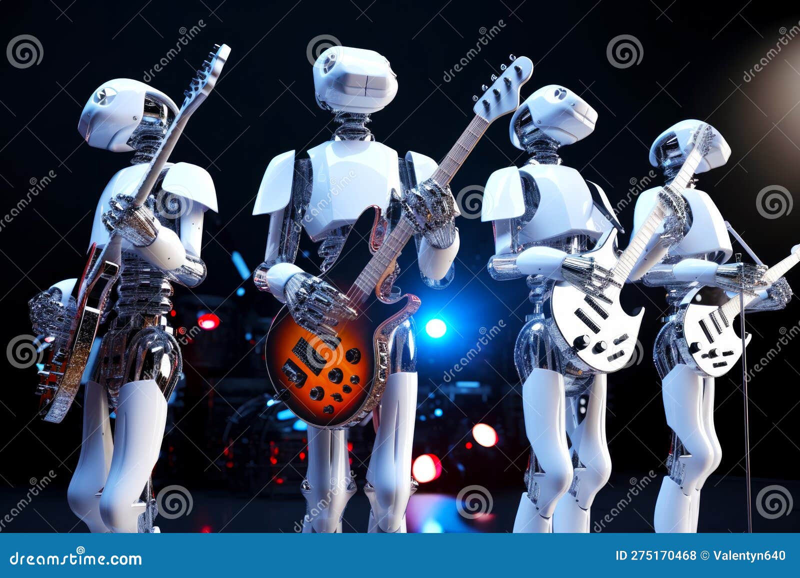 Group of Robot Musicians with Guitar in Front of Crowd of People ...
