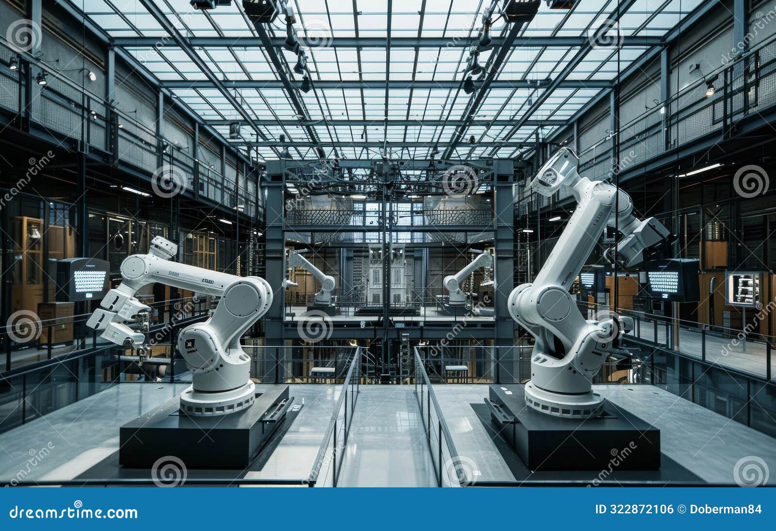 Robotic Arms Working in a High-tech Industrial Facility with Advanced ...
