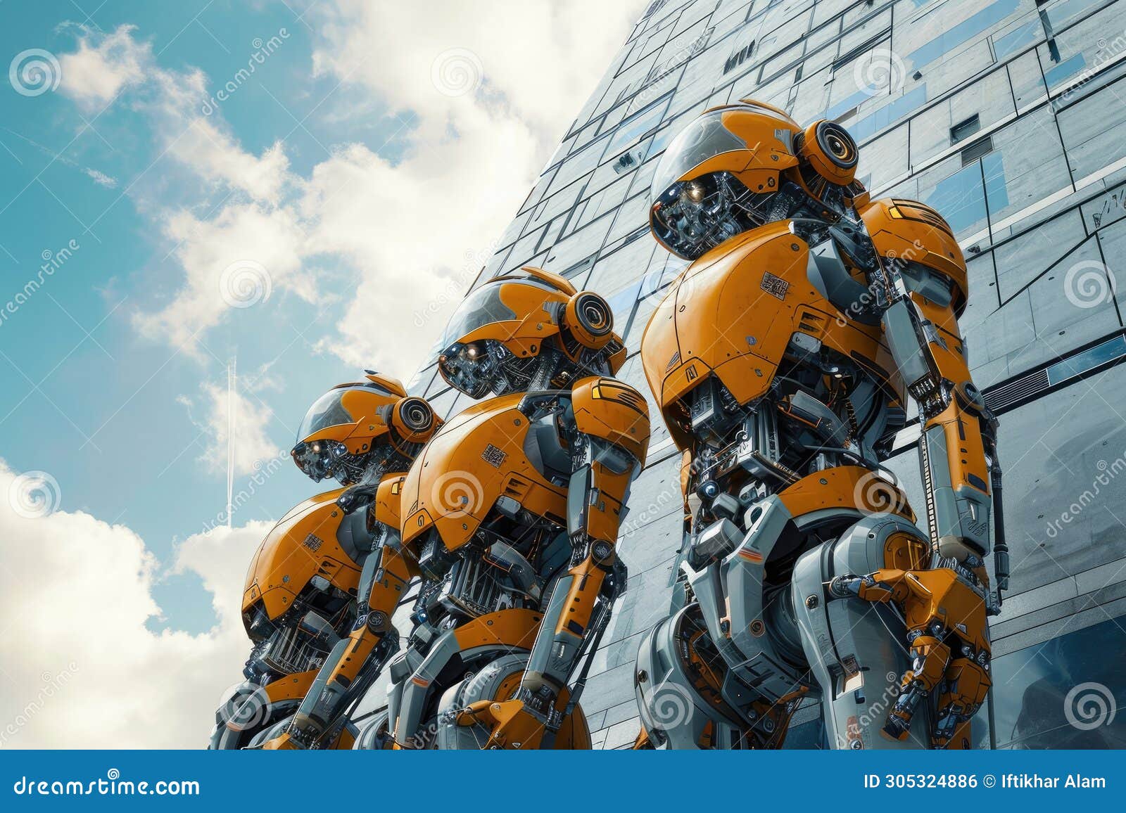 A Group of Robotic Creatures Standing Together in Front of a Towering ...