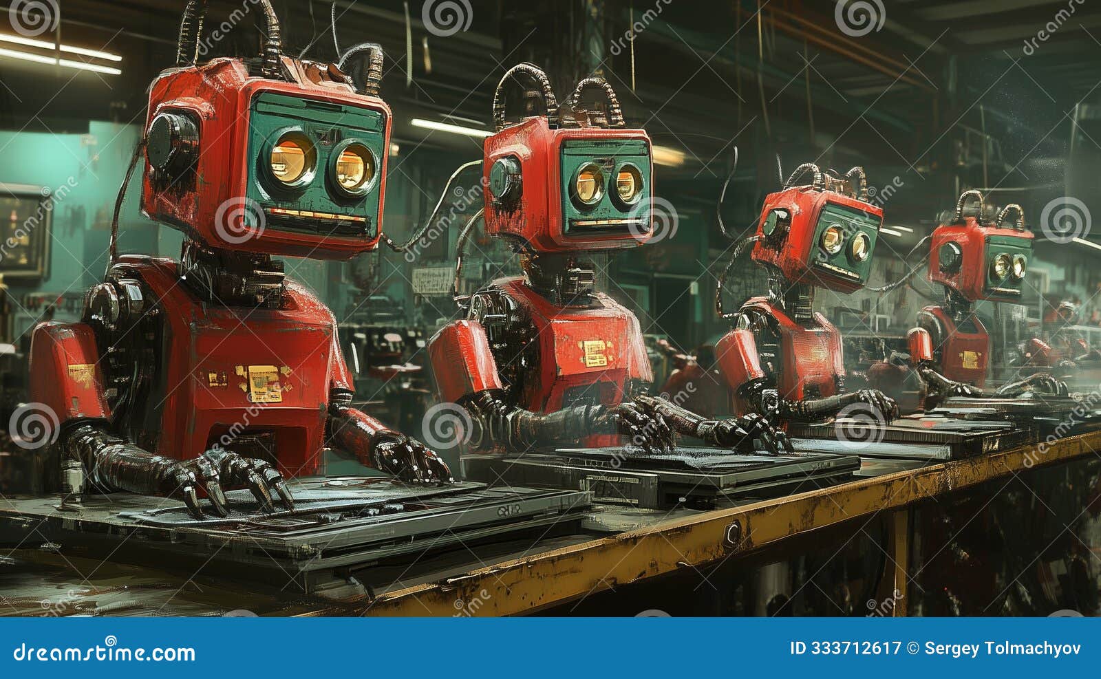 Robotic Assembly Line Workers Diligently Engaged in Manufacturing Tasks ...