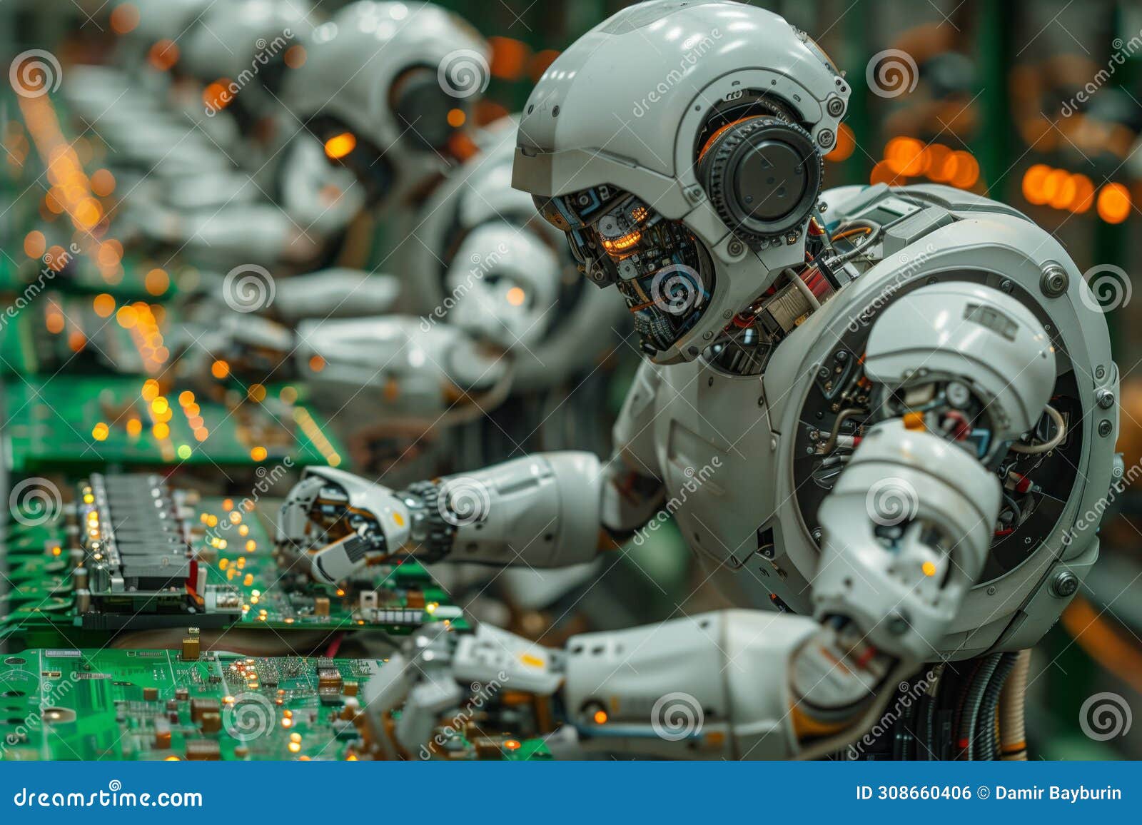 A Group of Robots in a Factory Working on a Motherboard Stock Photo ...