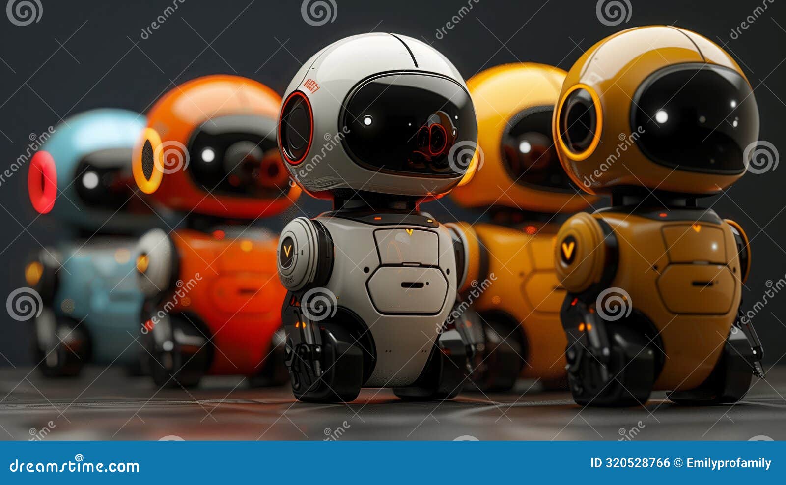 A Group of Robots Lined Up on Dark Surface Stock Photo - Image of ...