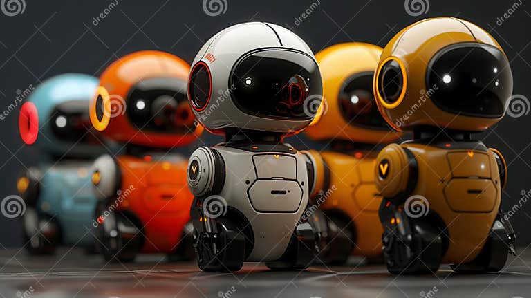 A Group of Robots Lined Up on Dark Surface Stock Photo - Image of ...