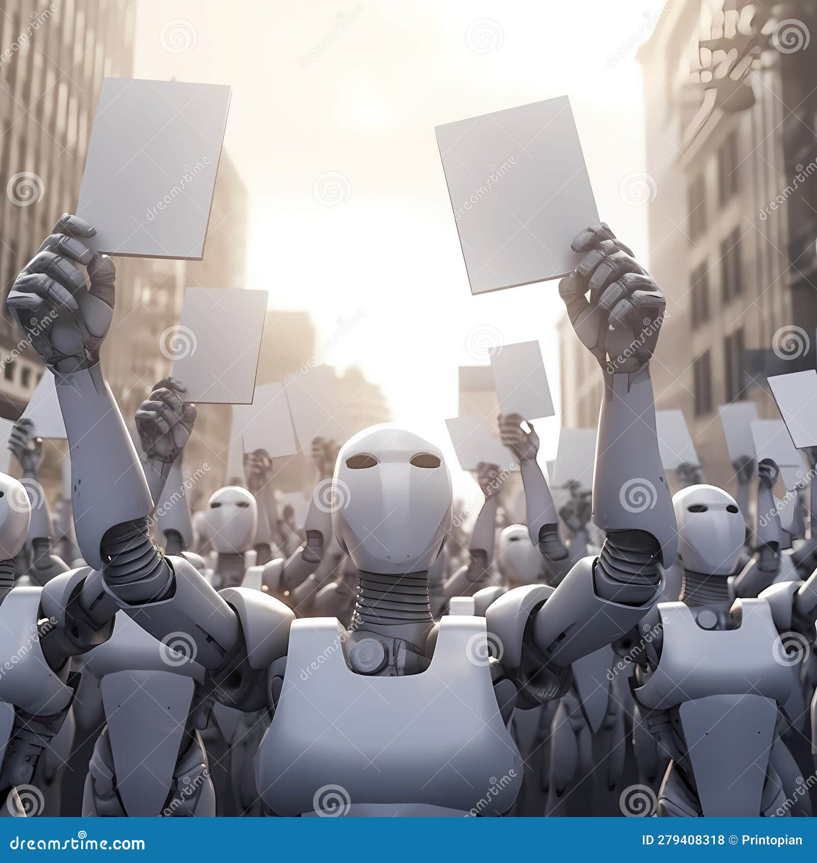 Group of Robots Protesting, Holding Blank Signs in Both Hands, Ai ...