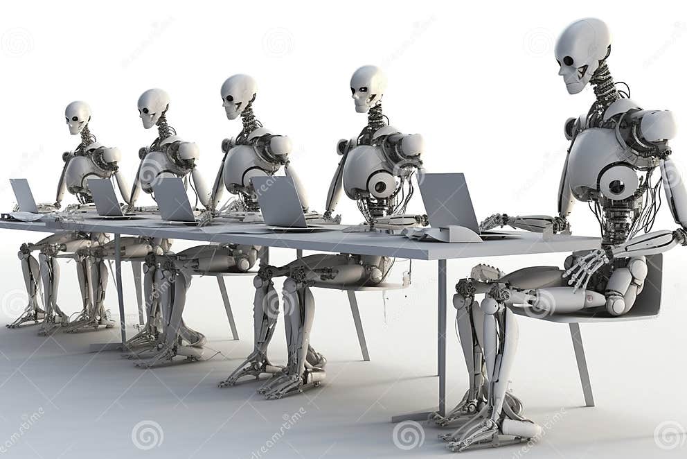 A Group of Robots Sitting at Desks Using Laptops, Created with Generative AI Technology Stock ...