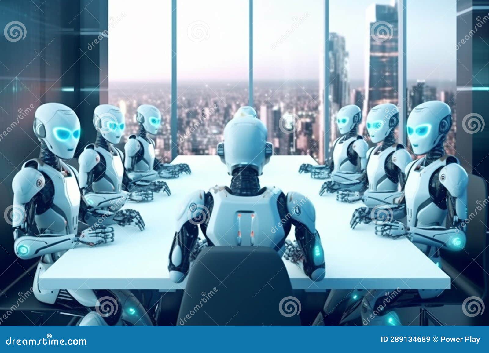 Group of Robots Sitting at Table in Office with City View 3D Rendering ...