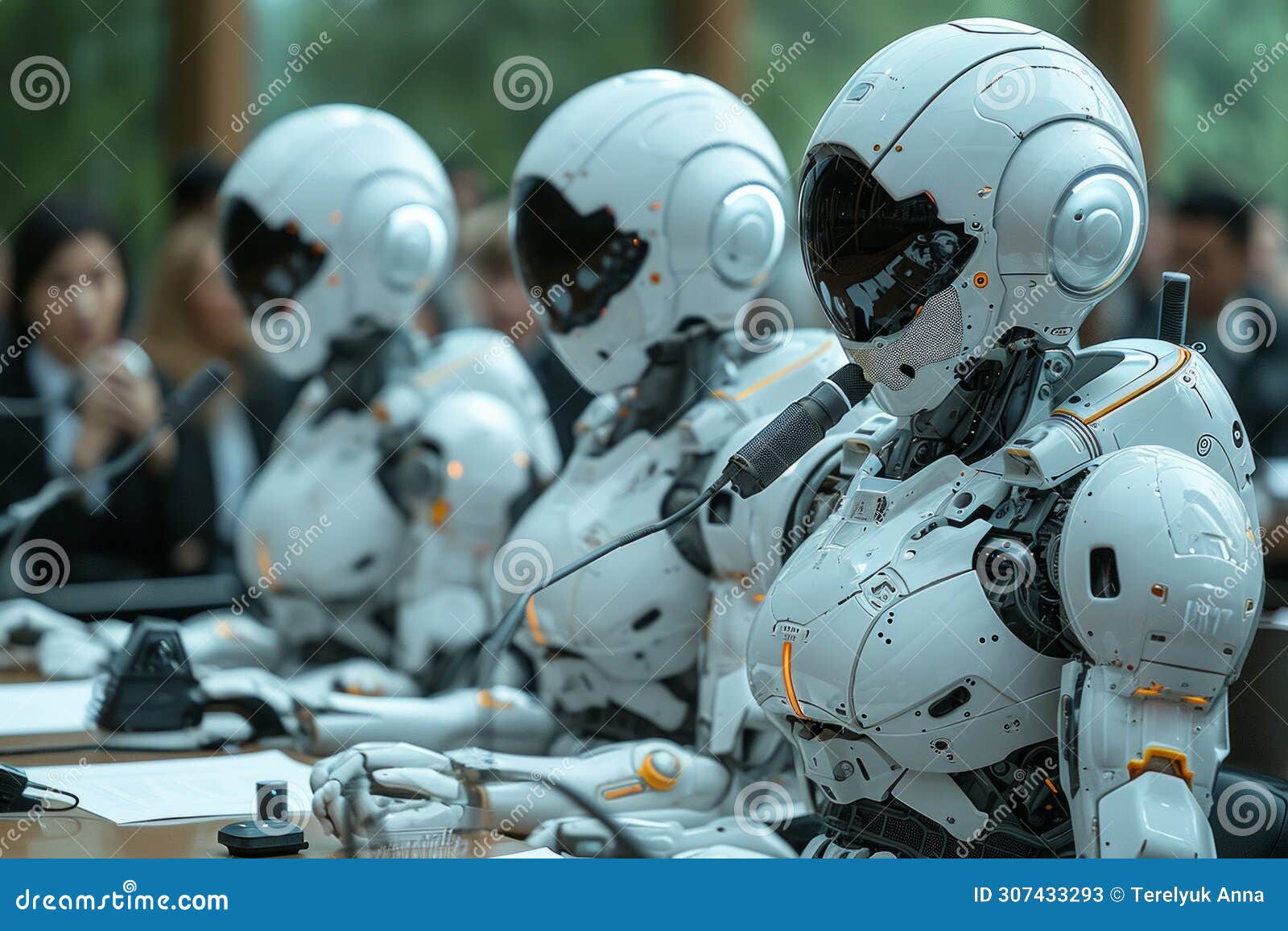 Group of Robots Sitting Together in a Row. Stock Image - Image of ...