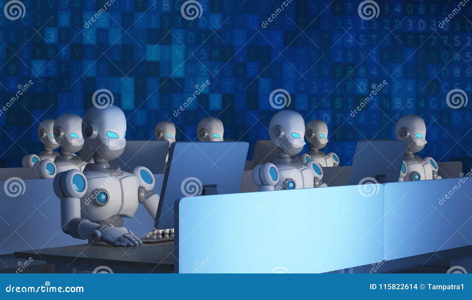 Group of Robots Using Computers with Data Code. Artificial Stock ...
