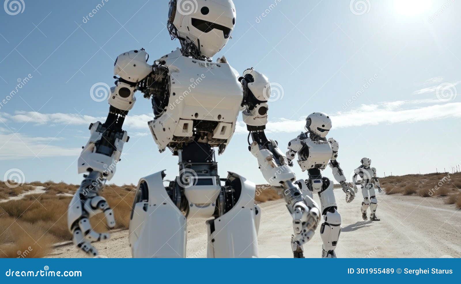 A Group of Robots Walking Down a Dirt Road, AI Stock Image - Image of ...
