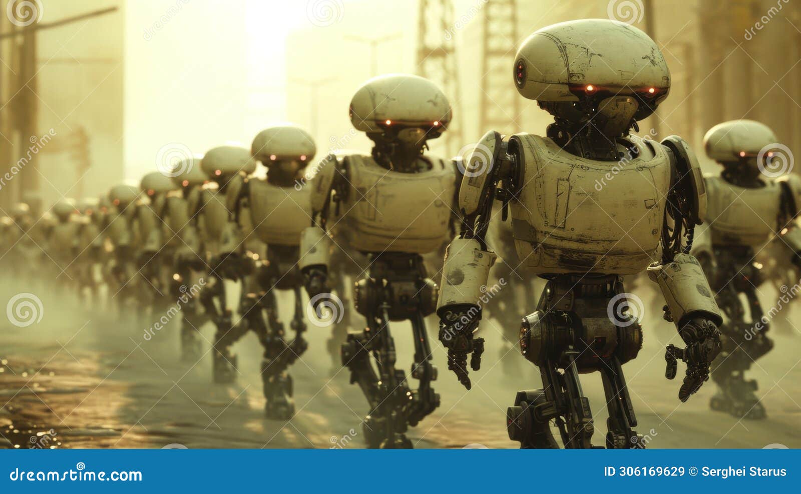 A Group of Robots Walking Down a Street with Red Eyes, AI Stock Image ...
