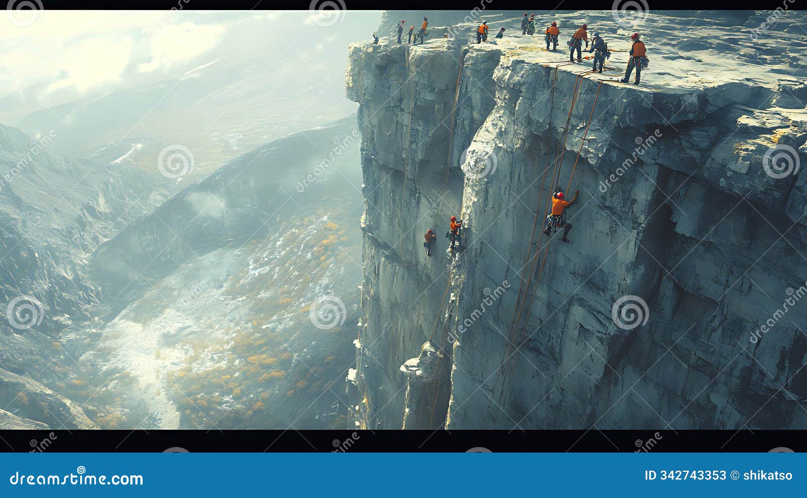 A Group of Rock Climbers Scale a Steep Cliff Face, with a View of a ...
