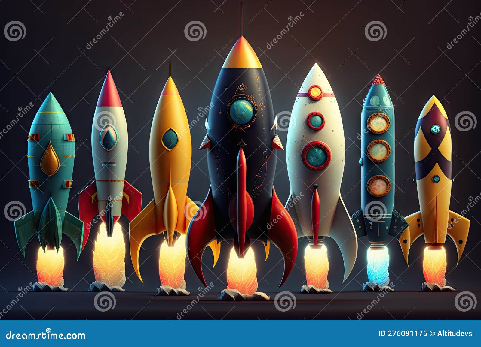 Group of Rockets with Different Designs and Colors, Ready To Take Off ...