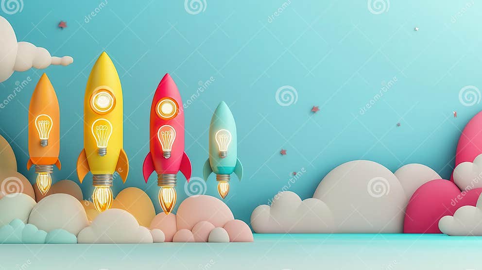 Group of Rockets with Light Bulb Designs Competing in a Creative Space ...