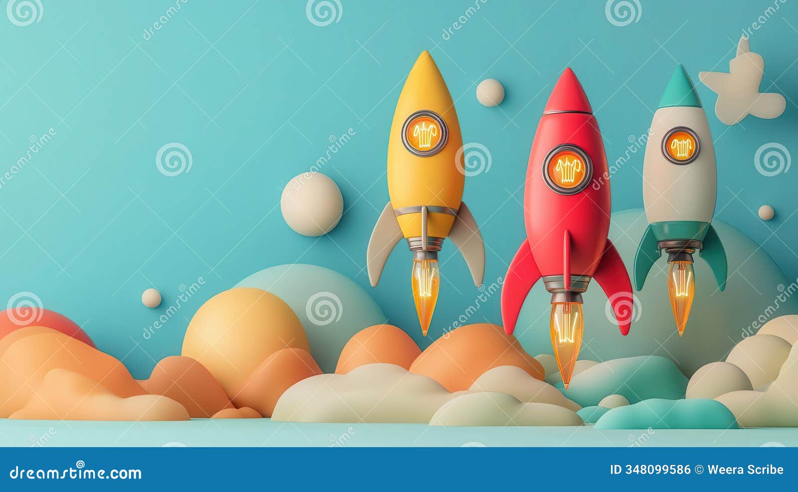 Group of Rockets with Light Bulb Designs Competing in a Creative Space ...