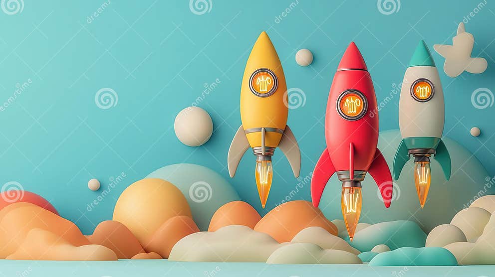 Group of Rockets with Light Bulb Designs Competing in a Creative Space ...