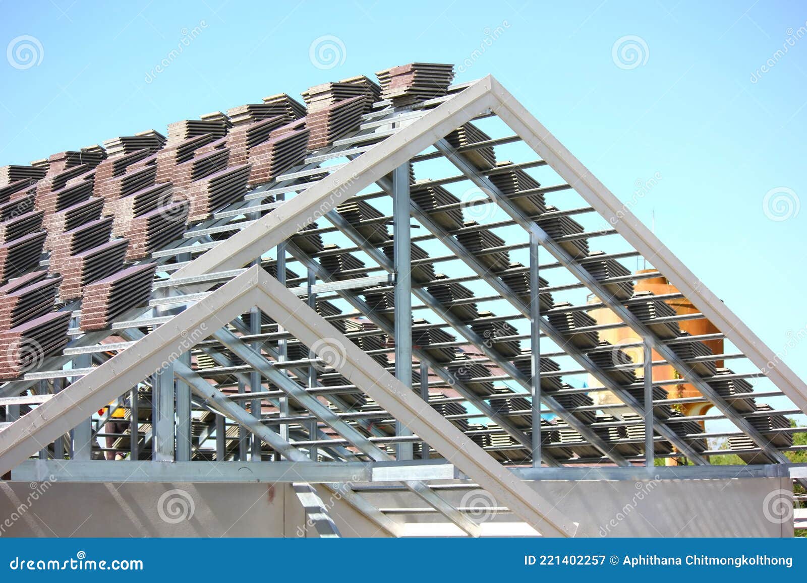 Group of Roof Tile Prepare on Roof Steel Structure for Worker Stock ...