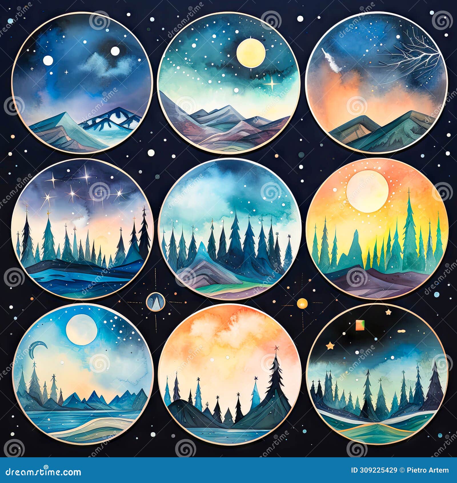 Group of Round Drawn Circles with Nature and Animals Stock Image ...