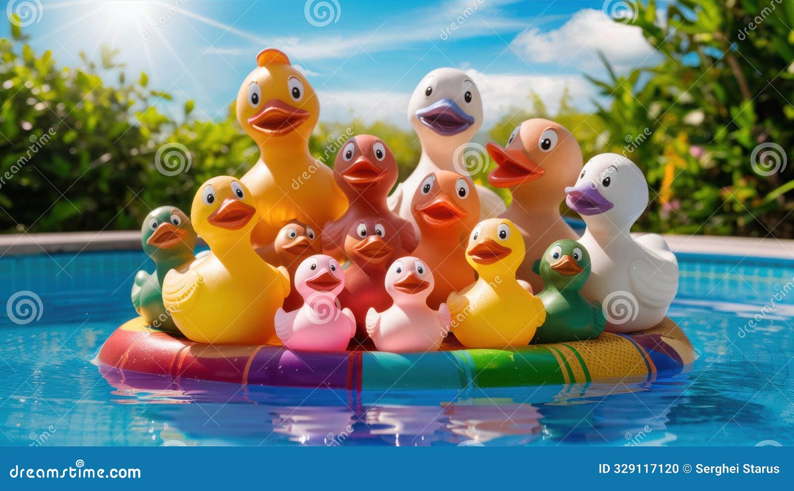 A Group of Rubber Ducks are Sitting on a Raft in the Pool, AI Stock ...