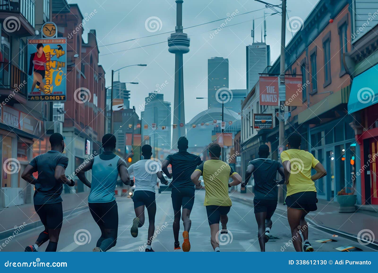 A Group of Runners Jogs Down a City Street with a Skyline in the ...