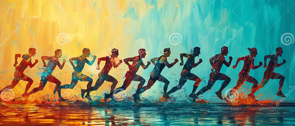A Group of Runners are Running in a Race with a Red and Blue Background ...