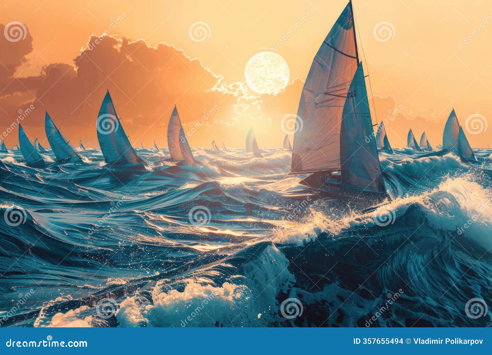 A Group of Sailboats Sailing Together at Sunset on the Ocean Stock ...