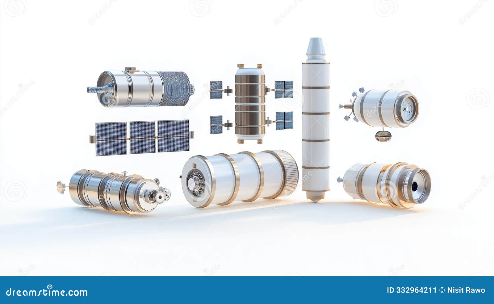 Group of Satellite Components, Isolated on White Background, 3D ...