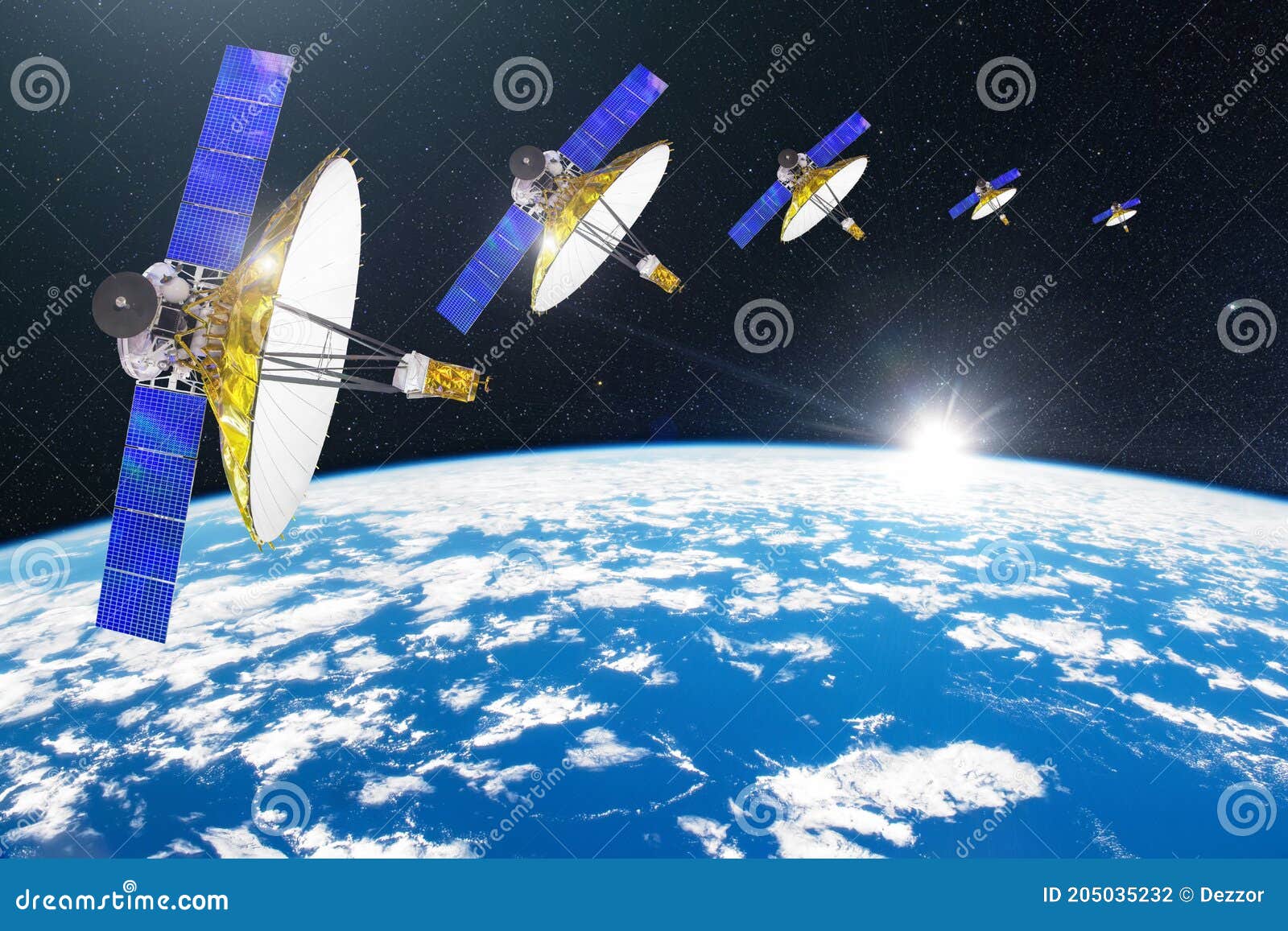 Group Of Satellites In A Row In The Geostationary Orbit Of The Earth ...