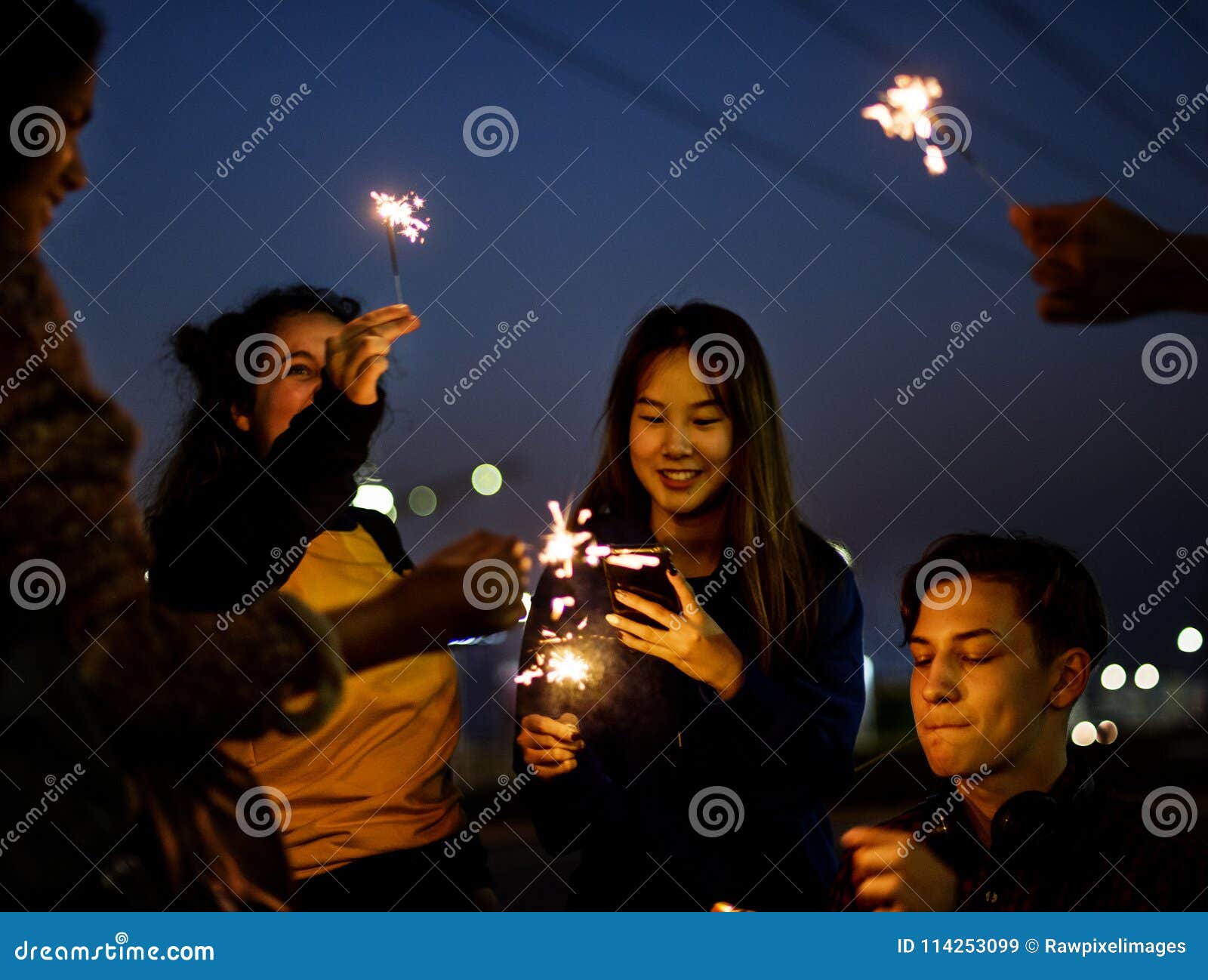 Group of School Friends Happiness and Playing Firework Stock Image ...